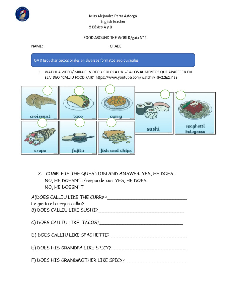 Alimentos del Mundo: Guía para 5° Básico | PDF