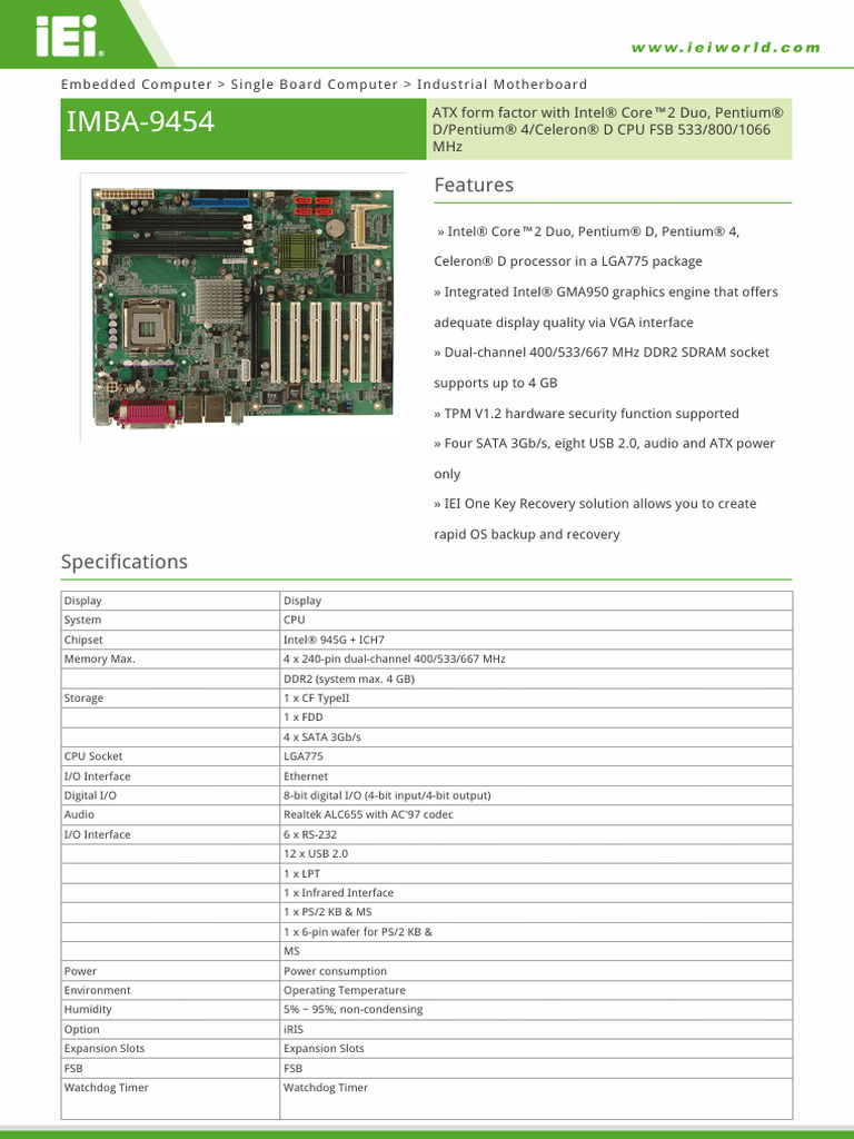 Data Sheet Motherboard Imba 9454GR40 | PDF | Computer Hardware | Computer Engineering