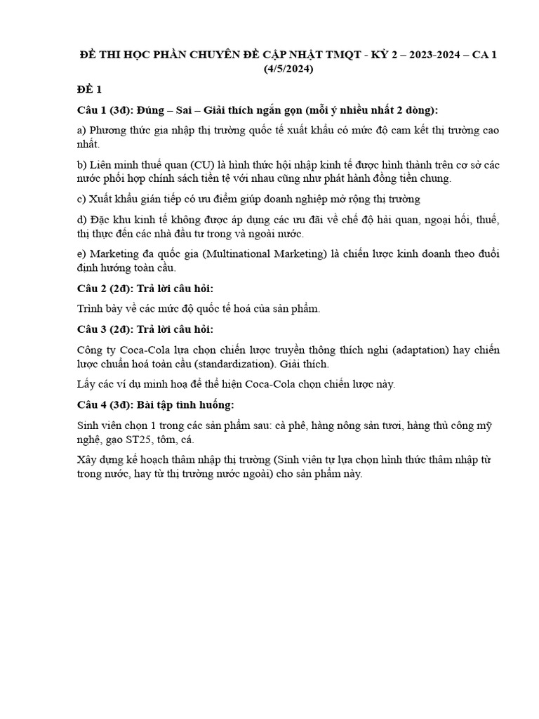 ĐỀ THI HỌC PHẦN CHUYÊN ĐỀ CẬP NHẬT TMQT - 2023-2024 | PDF