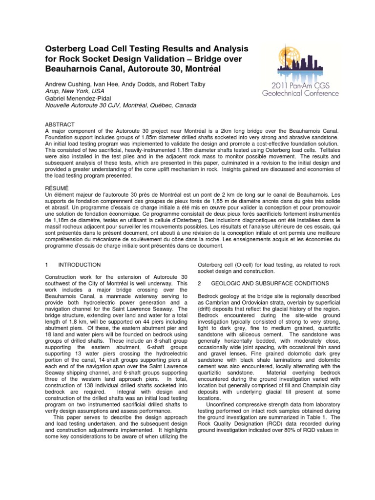 Osterberg Load Cell Testing Results and Analysis For Rock Socket Design ...