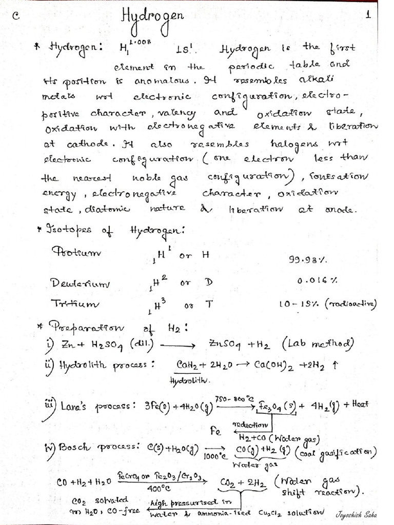 Hydrogen and Hydrides Complete Notes | PDF