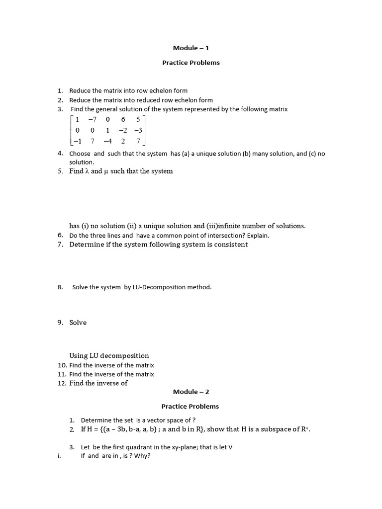 Practice Problems of Linear Algebra For B.tech Engineering | Download ...