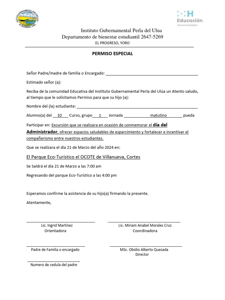 permiso de excursion 10-1 2024 | PDF
