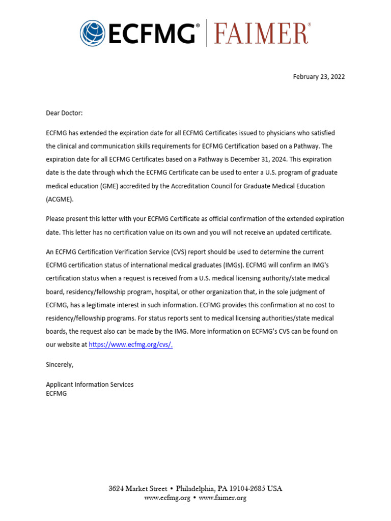 Confirmation Letter - ECFMG Certificate Expiration Extension | PDF