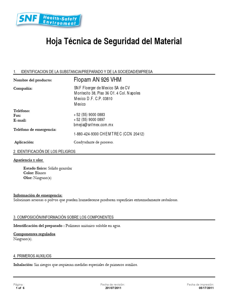 Flopam AN 926 VHM (MSDS) | PDF | Toxicidad | Agua