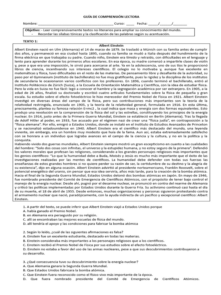 Guía de Comprensión Lectora | PDF | Albert Einstein
