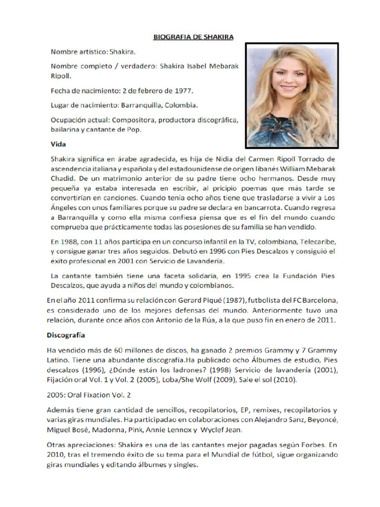 BIOGRAFIA shakira | PDF