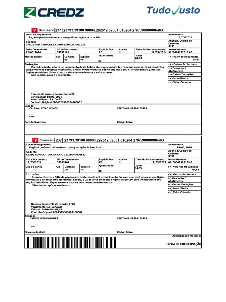 Boleto CREDZ - Vencimento 18/03/2024 | PDF | Bancos | Serviços financeiros