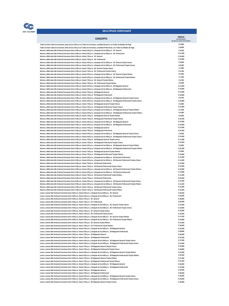 TABLA DE PRECIOS 2024 - MULTIPLEX CHIPICHAPE | PDF | Observancias | Días festivos