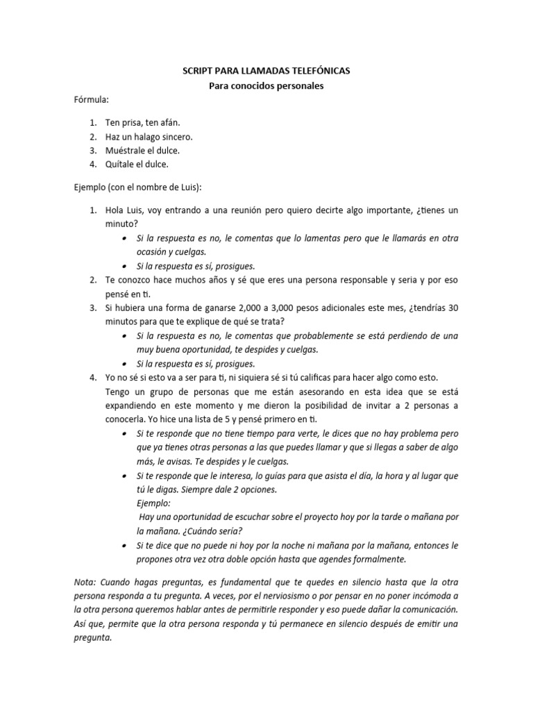 SCRIPT PARA LLAMADAS TELEFÓNICAS - para Conocidos Personales | PDF