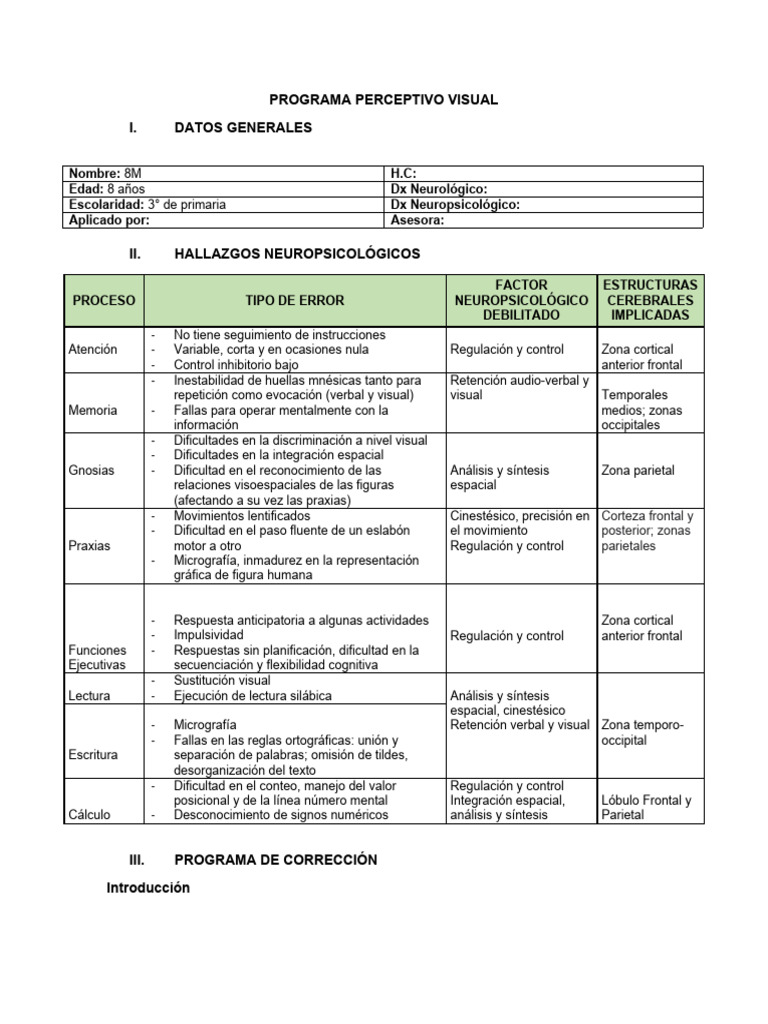 Programa de Correccion | PDF | Percepción | Neuropsicología