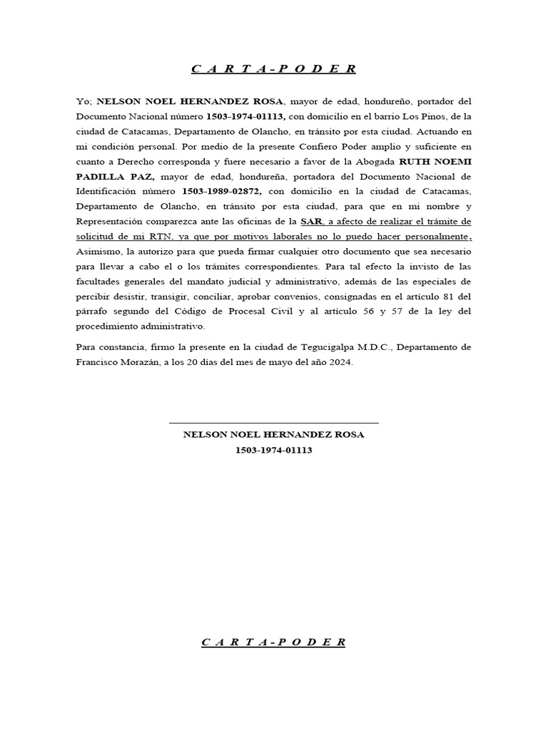 Carta Poder 1 | PDF | Honduras | Gobierno