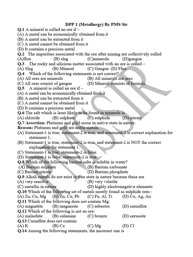 DPP 1 Metallurgy | Download Free PDF | Ore | Silver