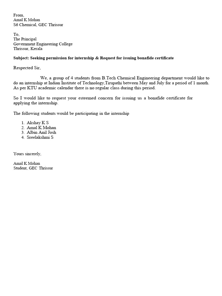 Subject: Seeking Permission For Internship & Request For Issuing Bonafide Certificate | PDF ...