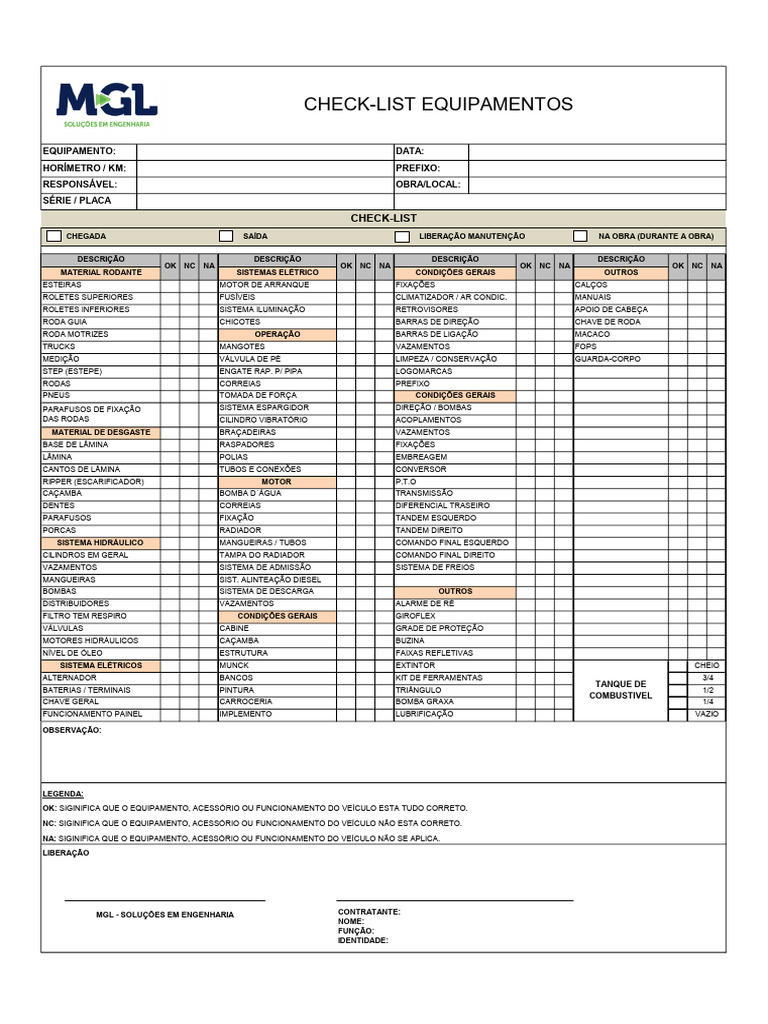 Modelo Checklist Máquinas | PDF | Motores | Tecnologia de veículos