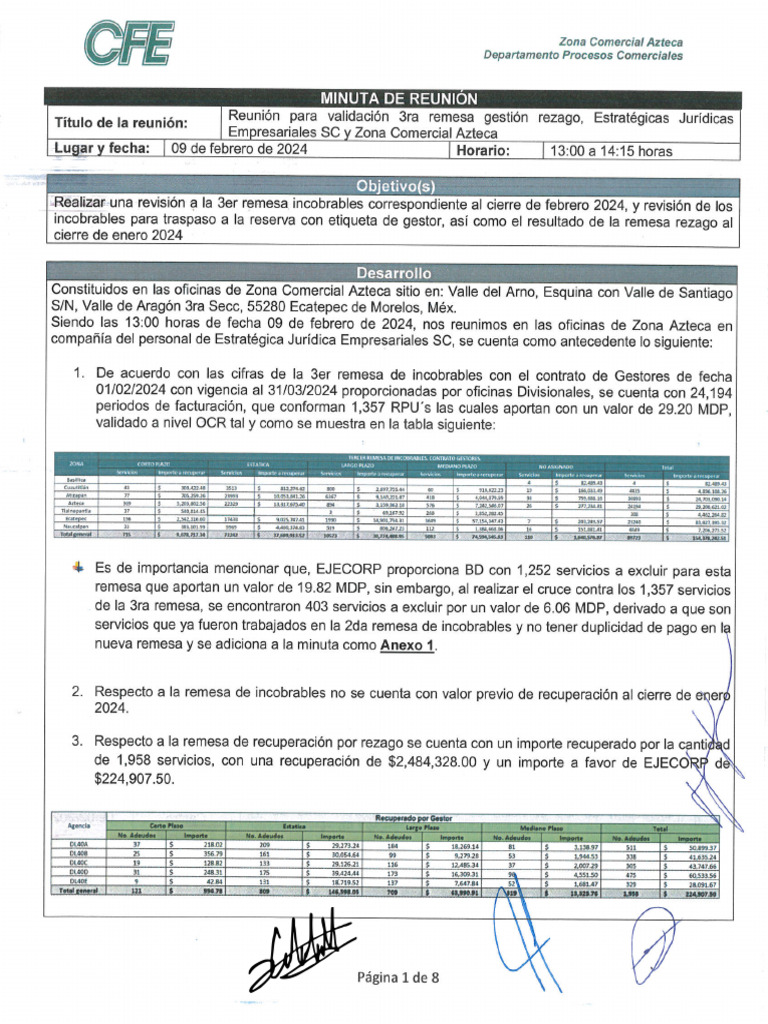 DL400 Minuta Seguimiento Gestores Incobrables Enero 2024 | PDF