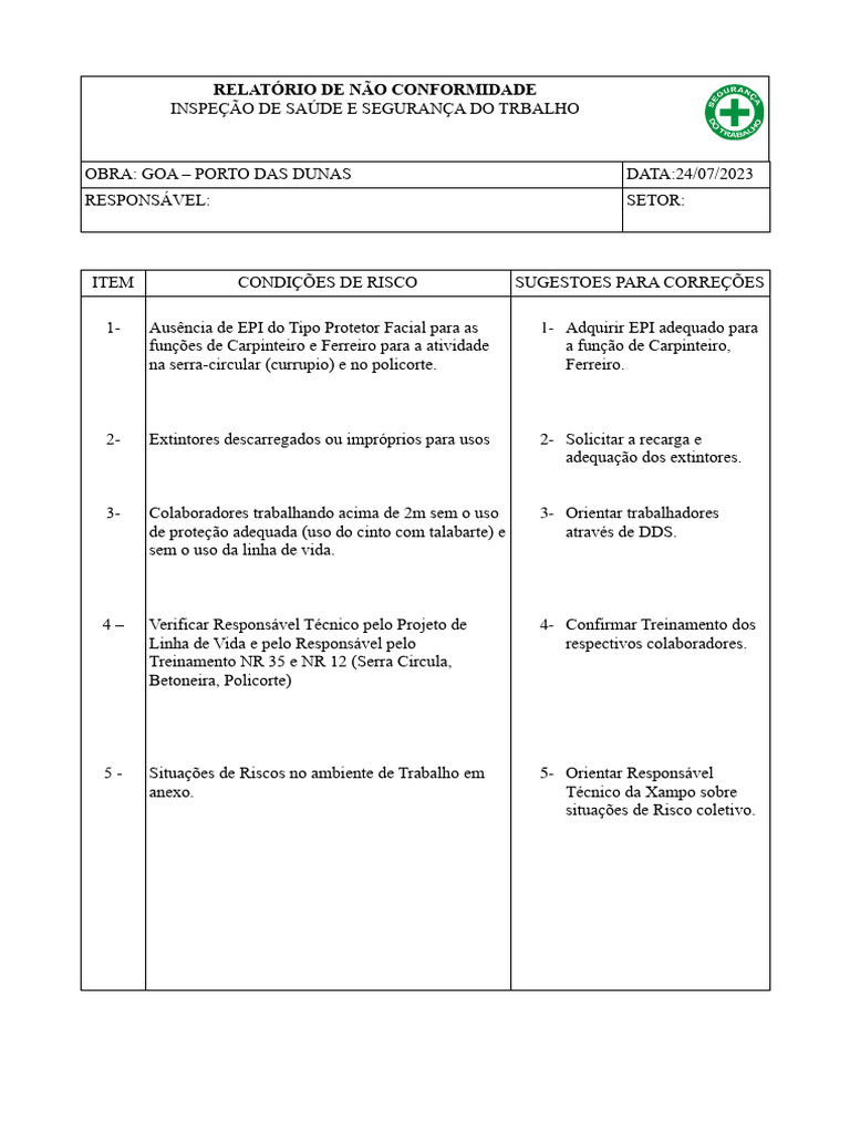 RNC - RELATÓRIO DE NÃO CONFORMIDADE | PDF