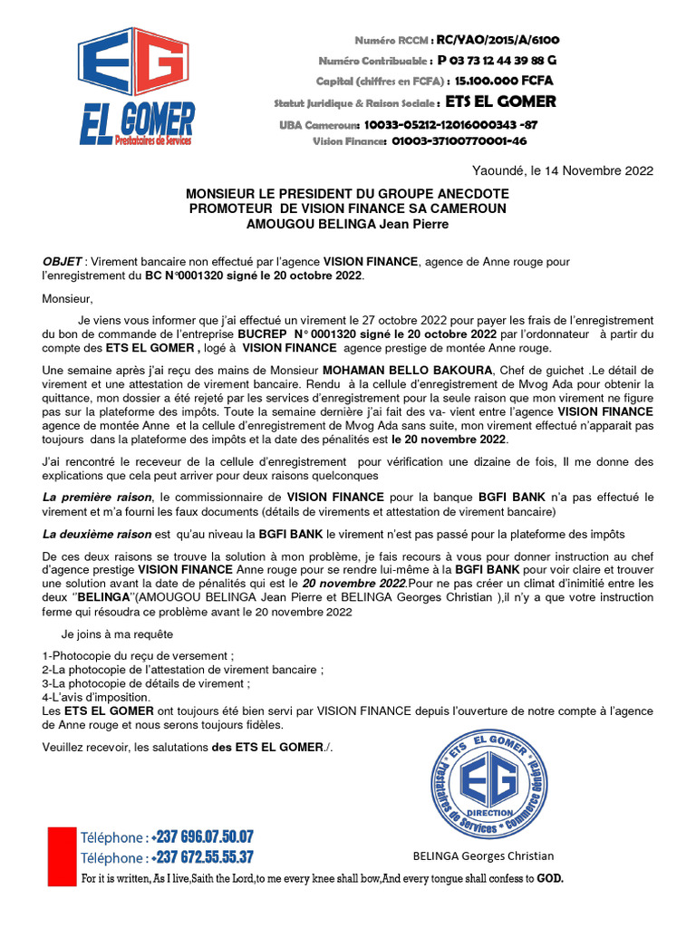 Lettre de Revendication Vision Finance Et Bgfi | PDF | Virement ...