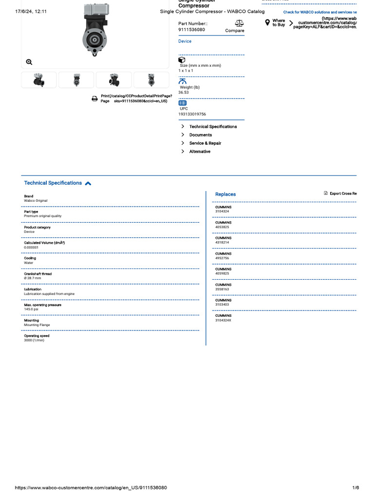 Single Cylinder Compressor - WABCO Catalog Repair | PDF | Valve | Piston