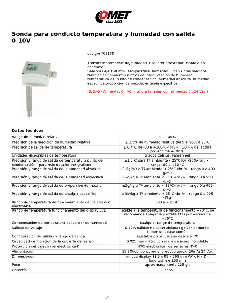 Comet Datos Tecnicos T0213D Sensor de Humedad | PDF | Temperatura | Metrología