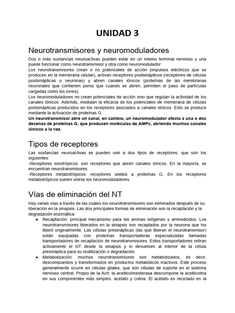 Resumen Neuro (U3) UNC | PDF | Sinapsis | Neurotransmisor