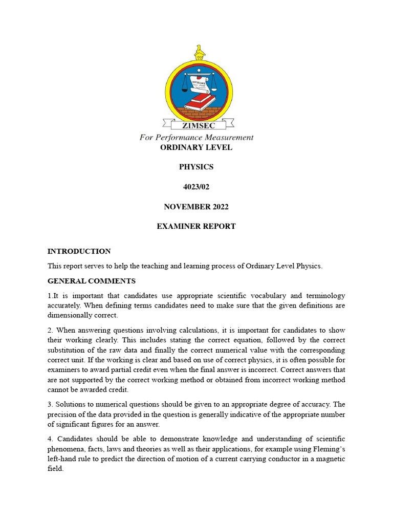 Ordinary Level Physics 402302 November 2022 Examiner Report | PDF ...