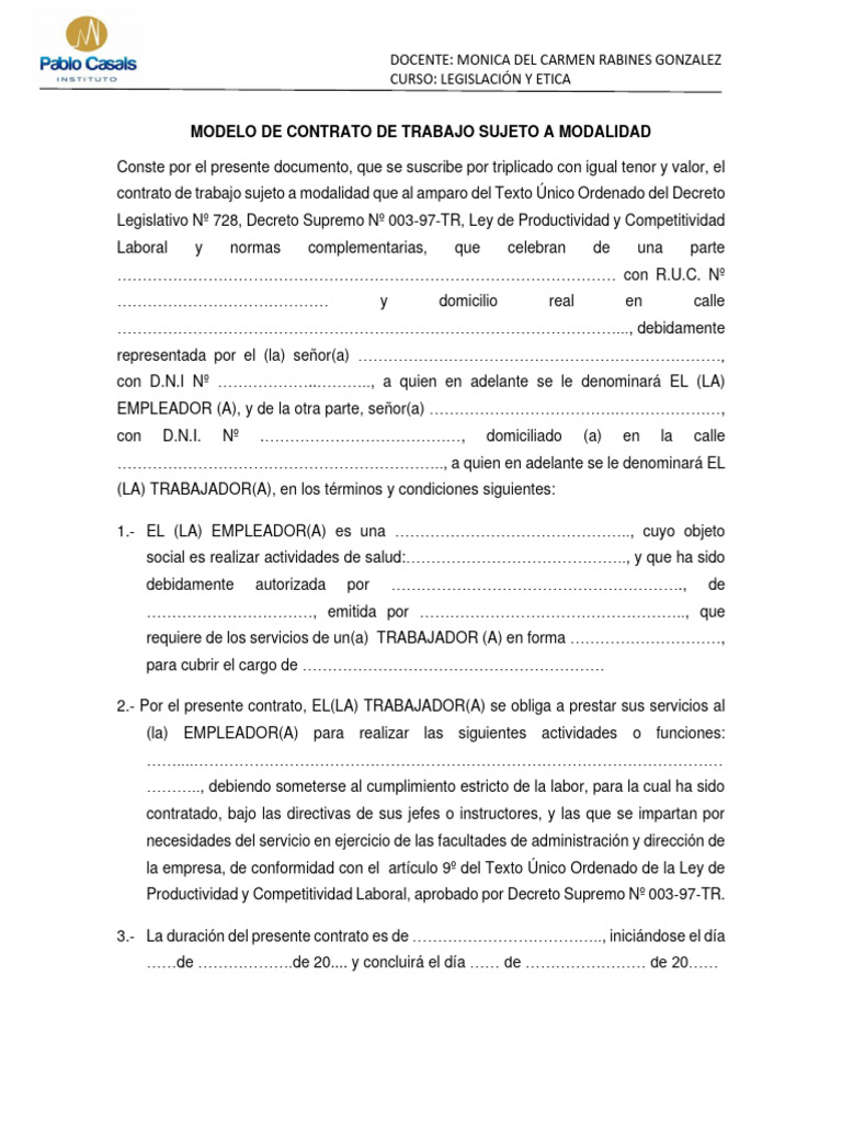 Modelo de Contrato de Trabajo Sujeto A Modalidad | PDF | Derecho laboral | Gobierno