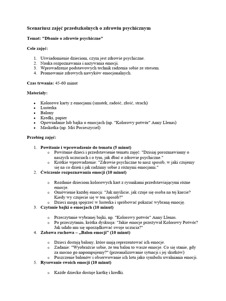 Scenariusz Przedszkole ZDROWIE | PDF