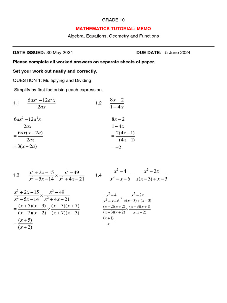 Grade 10 Tutorial Algebra Equations & Geometry Memo | PDF | Circle | Algebra