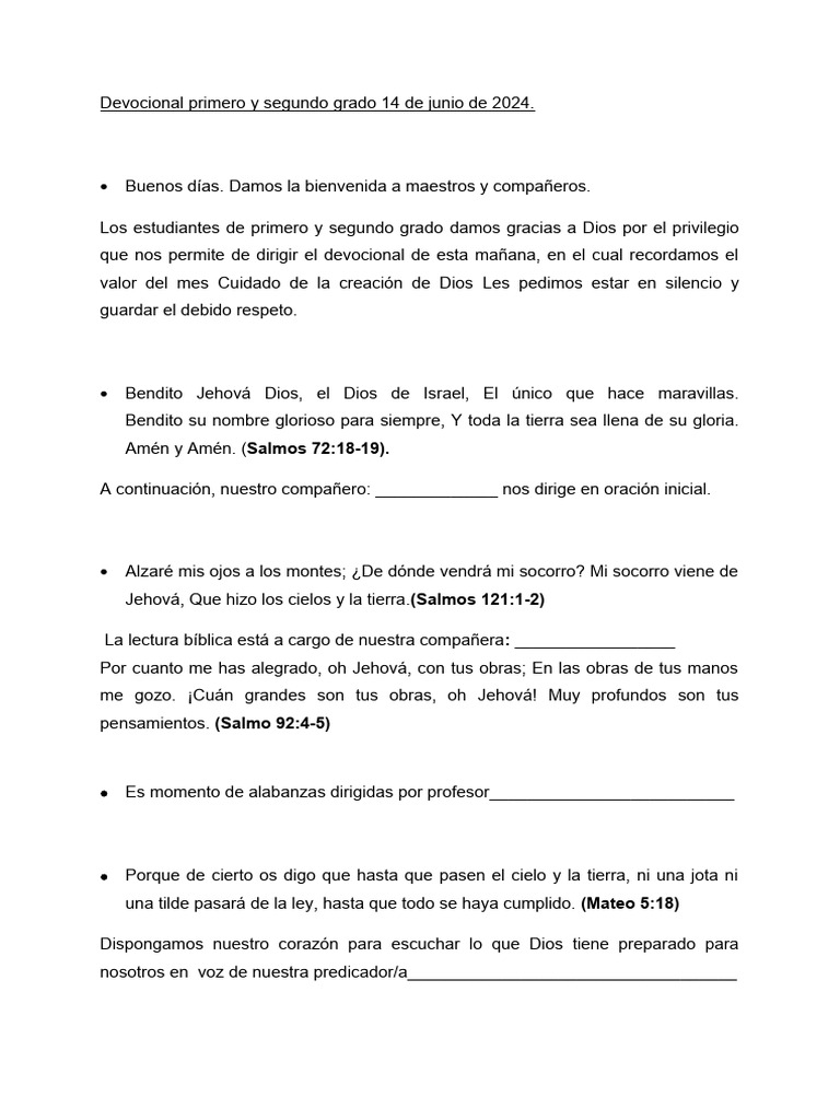 Devocional primero y segundo grado 14 de junio de 2024 pdf | PDF | Oración | Salmos