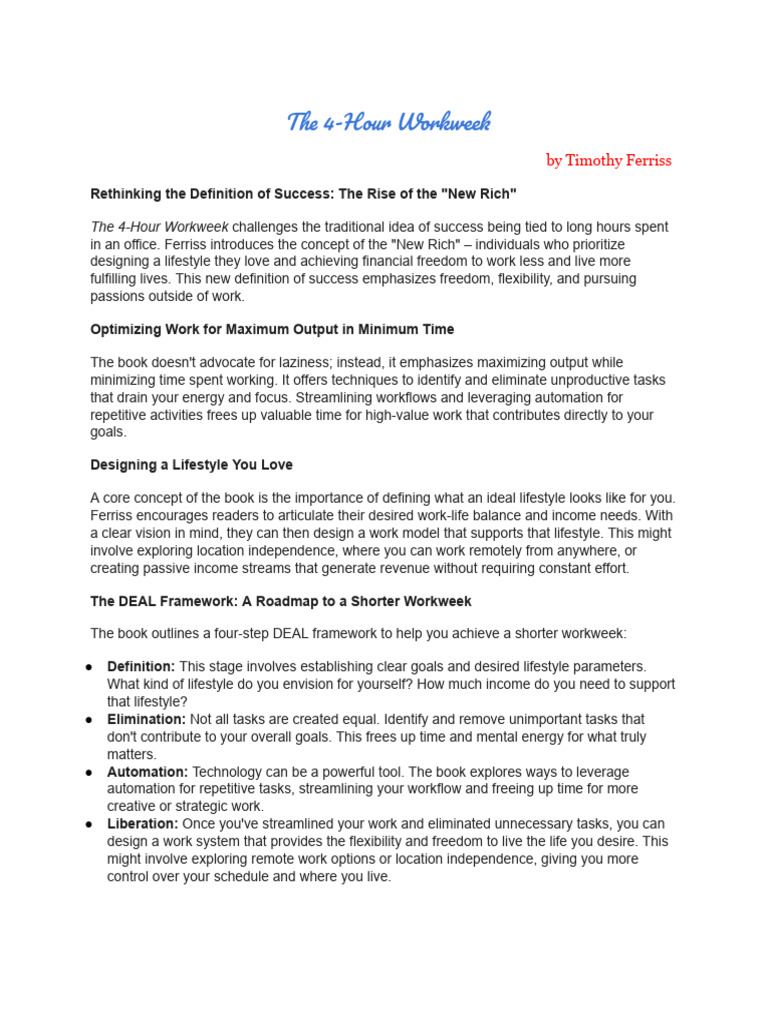 Summary of Book The 4 Hour Week | PDF