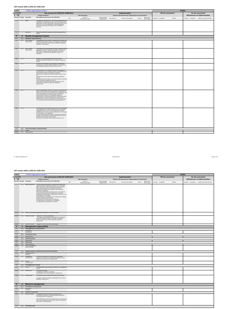 Gap Analysis ISO 13485 2016 - ISO 9001 2015 Template | PDF | Verification And Validation ...