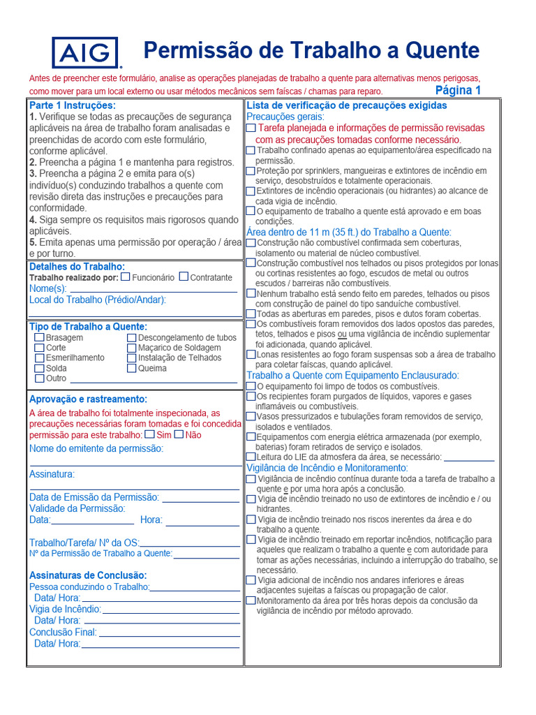 Hot Work Permit PT Aig | PDF | Seguro | Incêndios
