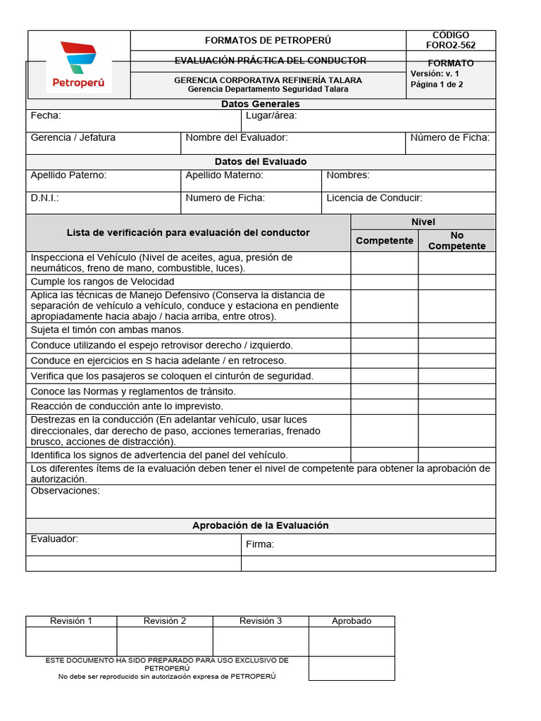 FORO2-562 v.1 Evaluación práctica del conductor | Descargar gratis PDF ...