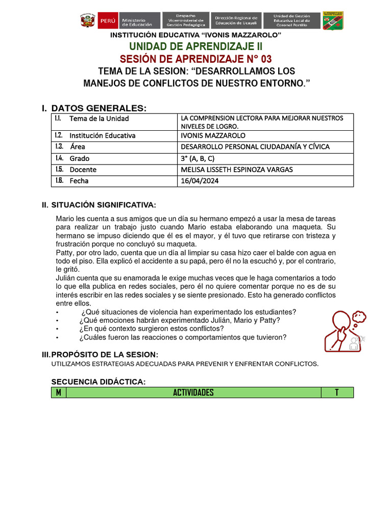 1ra Sesión Unid De Aprendizaje N°2 Dpcc Tercero Pdf 4938