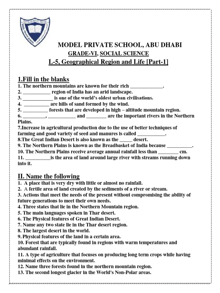 SS Worksheet - L-5 Geographical Region | PDF | Desert | River