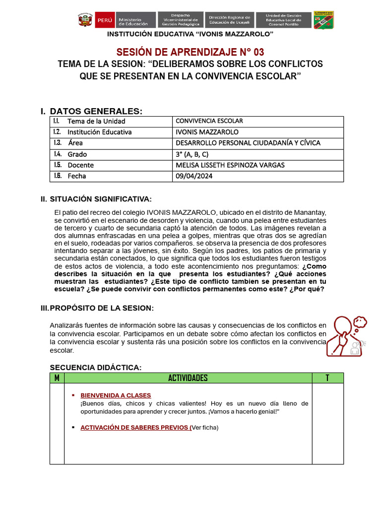 3RA-SESIÓN DE APRENDIZAJE N°3 - DPCC | Descargar gratis PDF | Aprendizaje | Escuelas