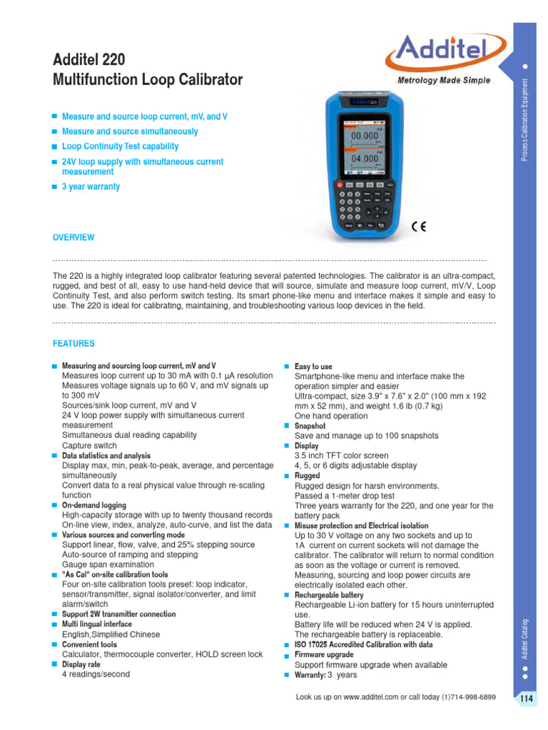 Additel 220 Multifunction Loop Calibrator | PDF | Calibration | Rechargeable Battery