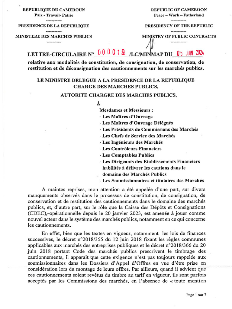 FR Lettre-Circulaire MINMAP - Cautions Marchés Publics | PDF