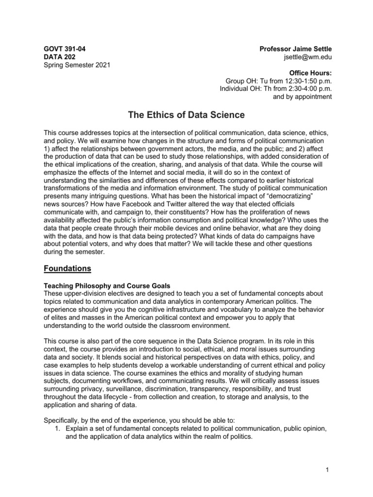 Ethics in Data Science Course Overview | PDF | News | Data