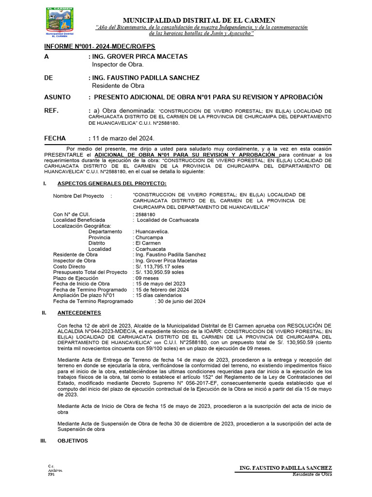 INFORME N°001 PRESENTO ADICIONAL DE OBRA N° 01 PARA SU REVISION Y APROBACIÓN | Descargar gratis ...