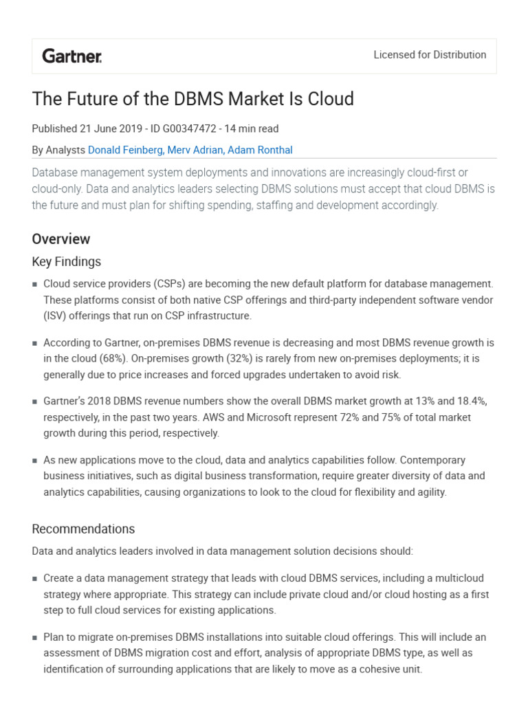 Gartner The Future Of Dbms Is Cloud Pdf Cloud Computing Databases
