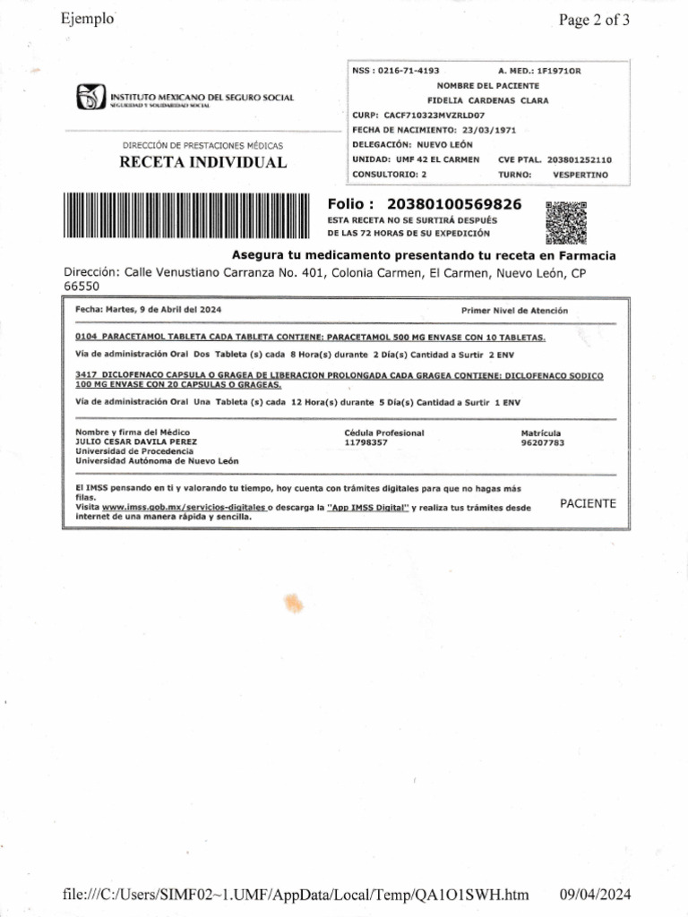 RECETA IMSS | Descargar gratis PDF | Ciencias de la Salud | Terapia