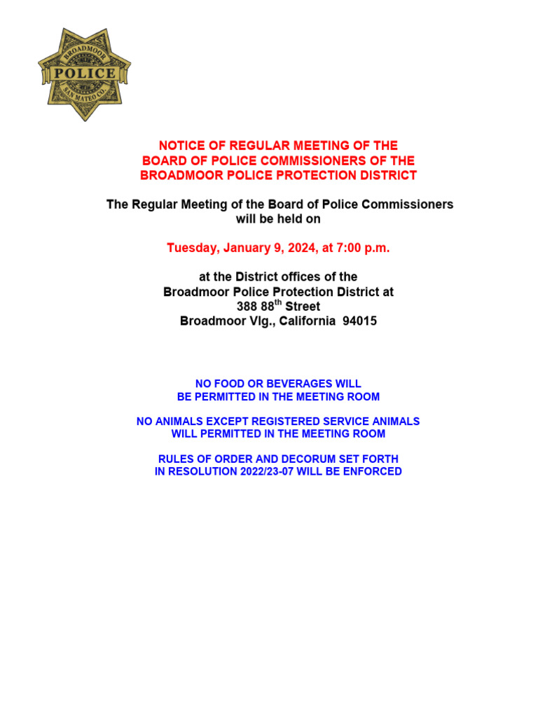 Broadmoor Police Meeting Notice: Jan 2024 | PDF | Justice | Crime ...