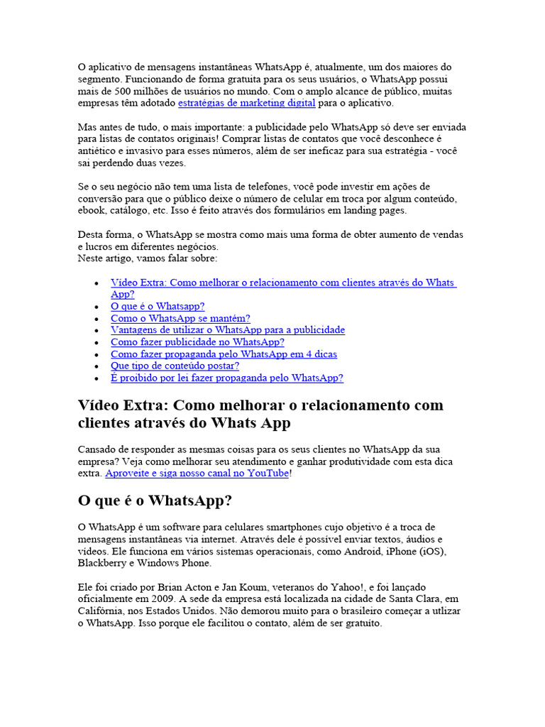 O Aplicativo de Mensagens Instantâneas WhatsApp É | PDF | Aplicativo para celular | Marketing