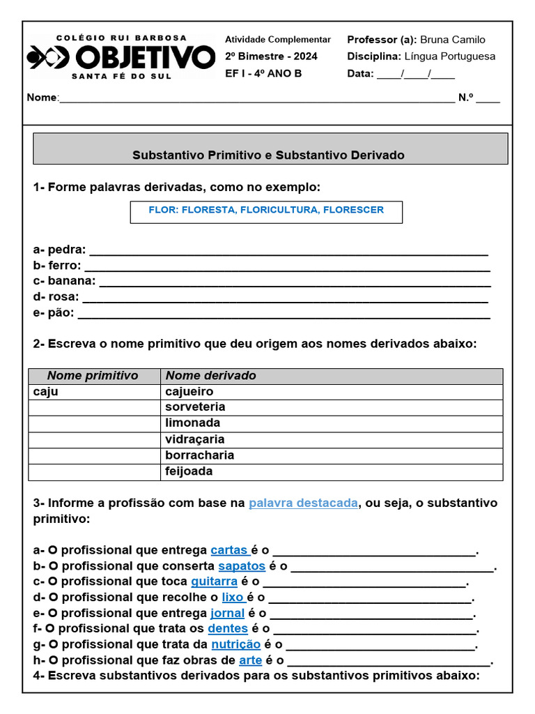 Atividades Substantivo Primitivo e Derivado- 4º ano B - 2º bim - 2024 | PDF