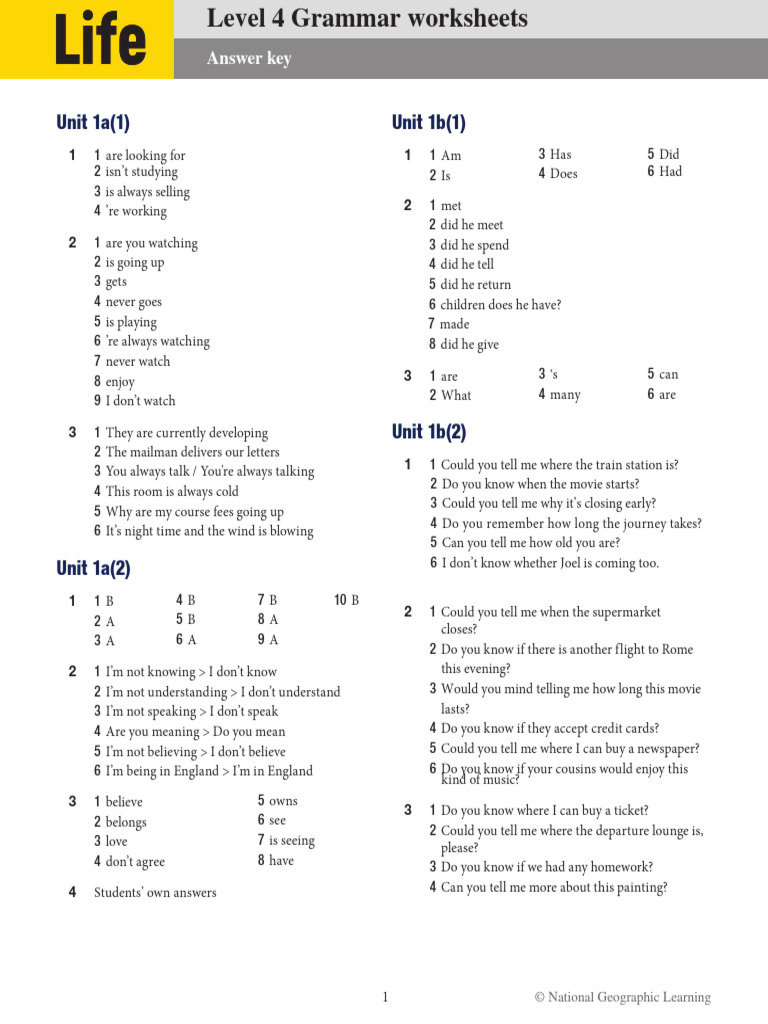 Level 4 Grammar Worksheets Answer Key | PDF