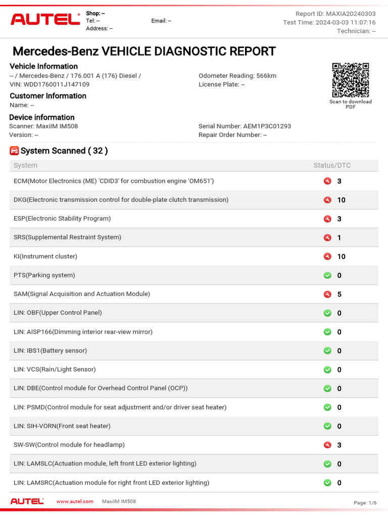 Mercedes-Benz VEHICLE DIAGNOSTIC REPORT - WDD1760011J147109 ...