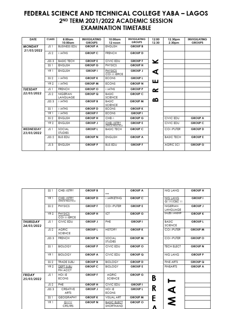 2nd Term Examination 2022 Time Table | PDF