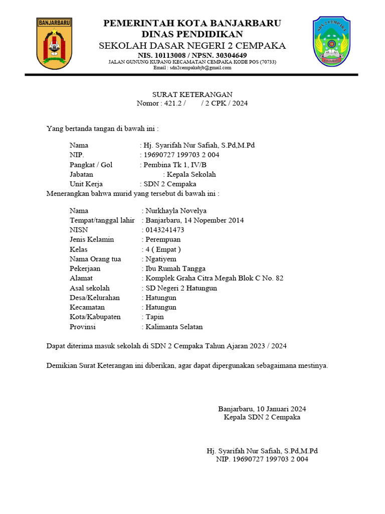 Surat Keterangan Daya Tampung Baru 2024 Nurkayla | PDF